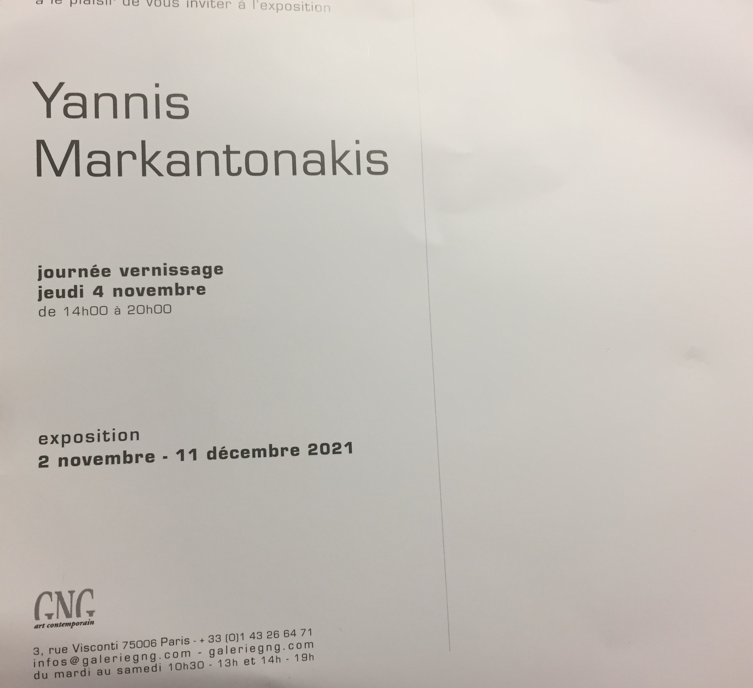 Galerie GNG- exposition Yannis Markantonakis 2 Novembre au 11 Décembre ...